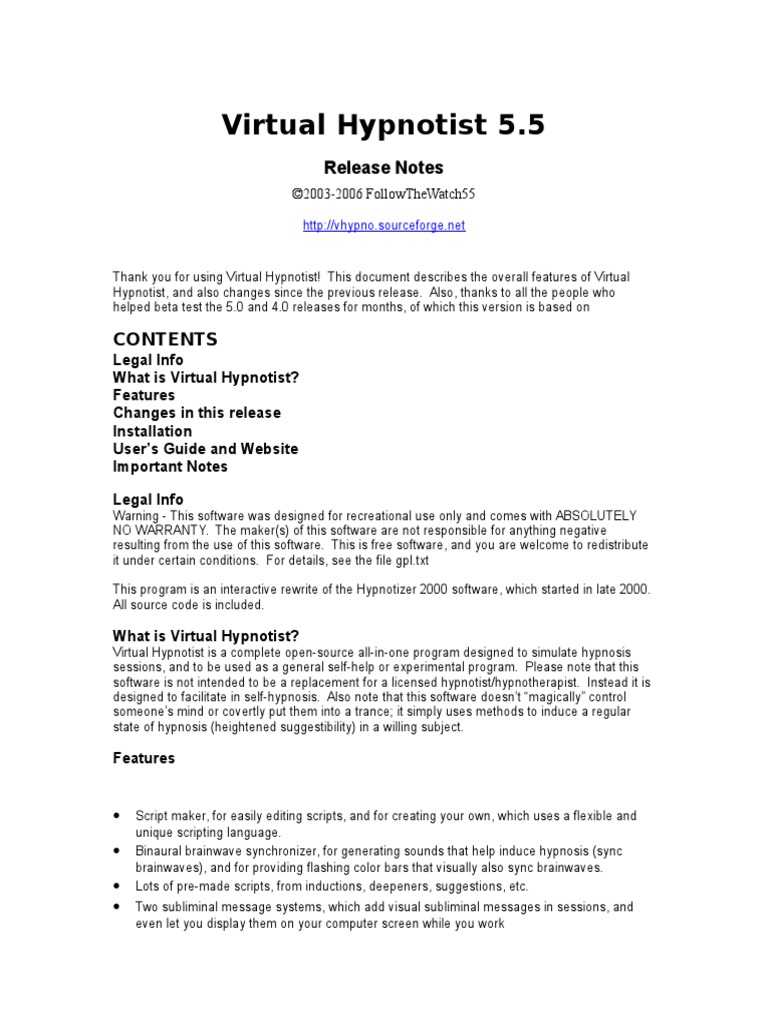 Virtual Hypnotist 5.5: Release Notes | PDF | Hypnosis | Adobe Flash