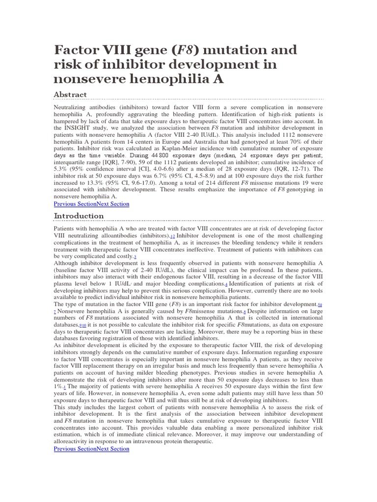 Factor VIII Gene (F8) | PDF | Haemophilia | Cohort Study