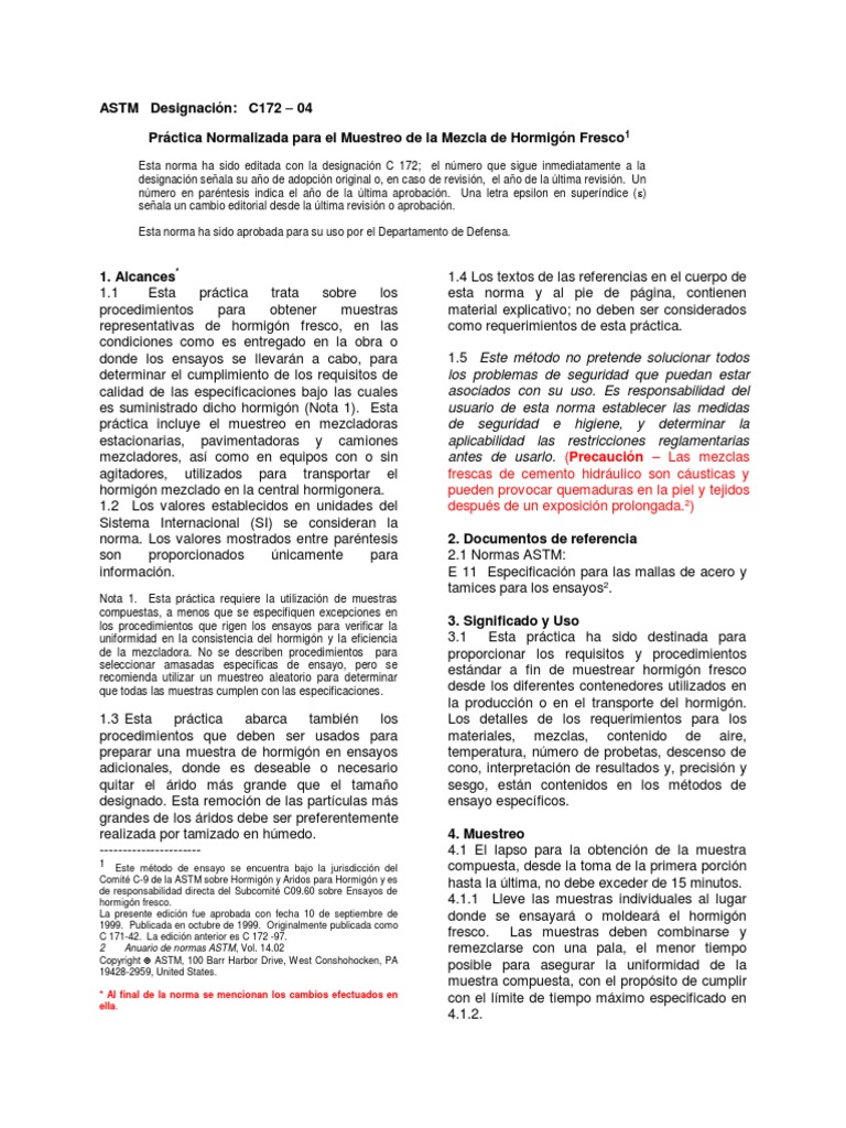 Astm C 172-04 Práctica Normalizada para El Muestreo de La Mezcla de Hormigón Fresco - NTC 454 ...