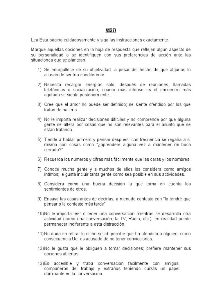 TEST MBTI Cuestionario | PDF