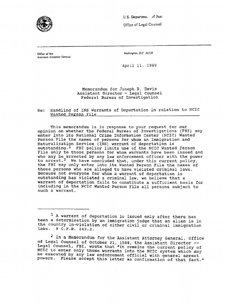 DOJ Memo on INS Warrants of Deportation in Relation to NCIC Wanted ...