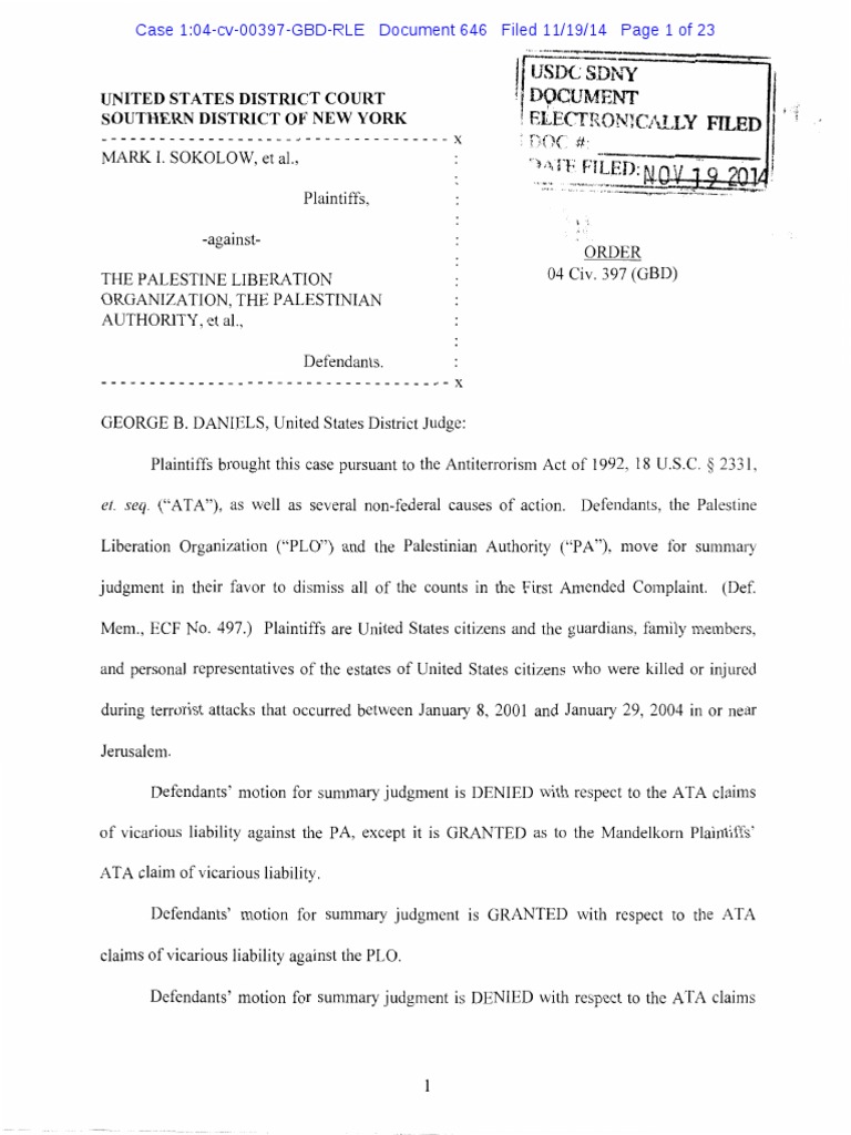Sokolow - Denial of PLO Motion To Dismiss | PDF | Summary Judgment ...