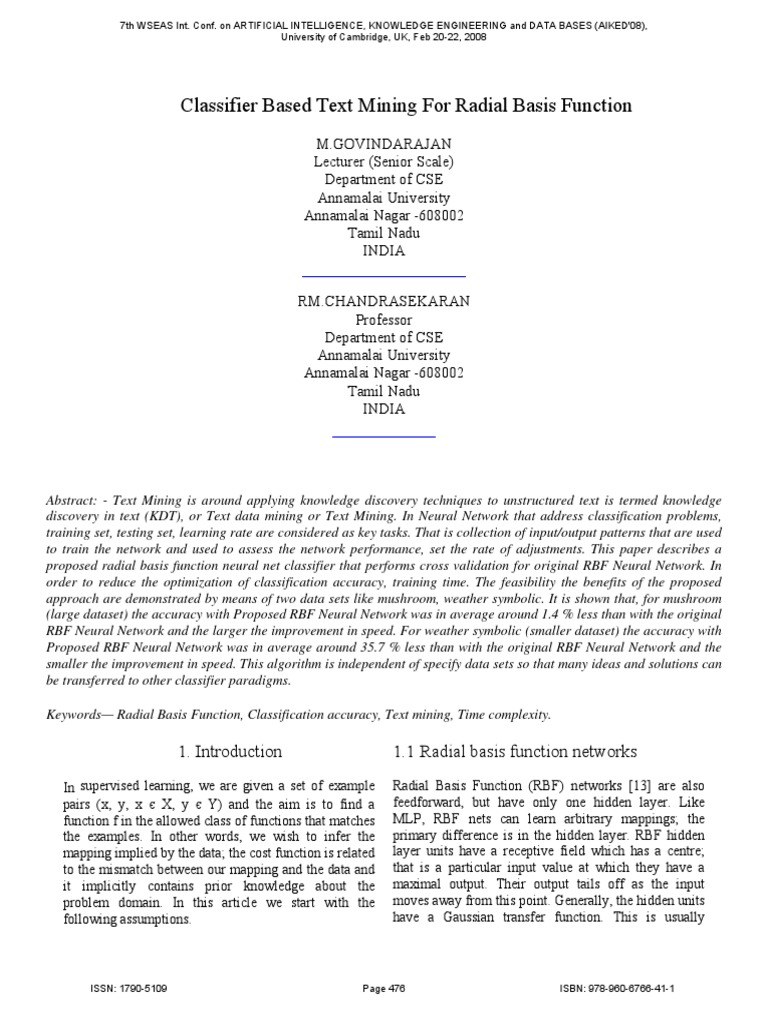 Classifier Based Text Mining For Radial Basis Function | PDF | Cross Validation (Statistics ...