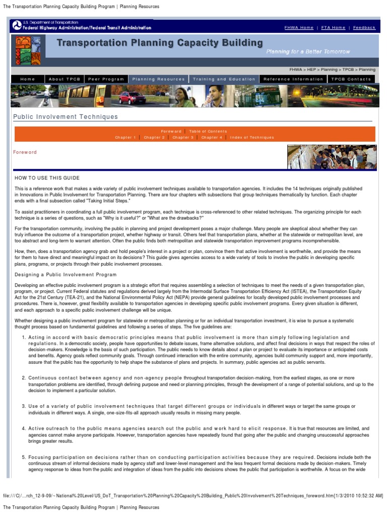 Us - Dot - Transportation Planning Capacity Building - Public Involvement Techniques - Foreword ...