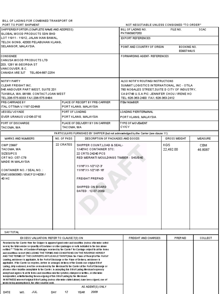 Draf BL Sample | PDF | Bill Of Lading | Cargo