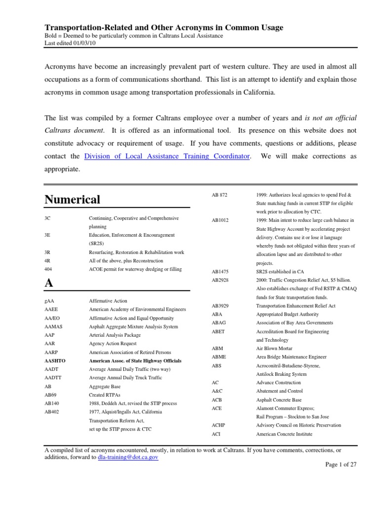 Cal - Ucb - TCH Transfer - Transportation Acronyms | PDF | Clean Air ...