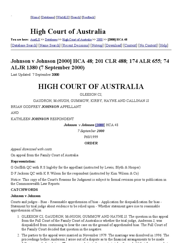 Johnson V Johnson (2000) HCA 48 201 CLR 488 174 ALR 655 74 ALJR 1380 (7 ...