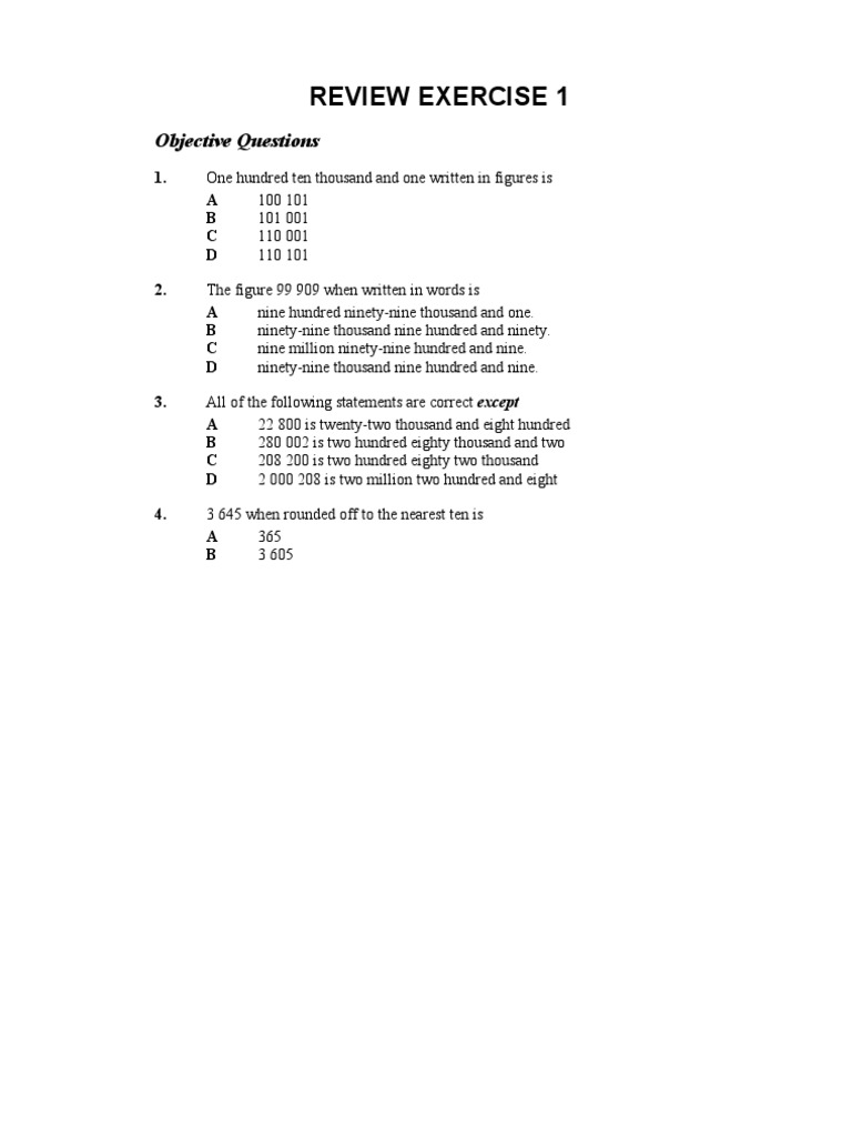 Review Exercise 1: Objective Questions | PDF | Teaching Mathematics