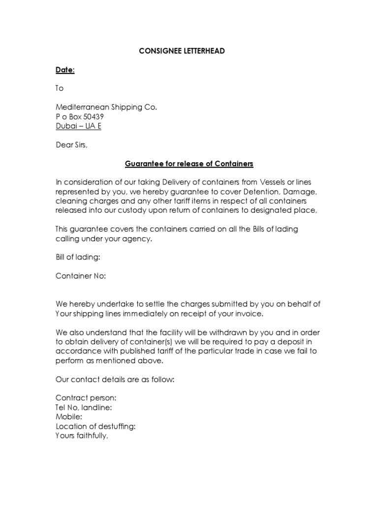 Container Release Guarantee Letter | PDF | Business