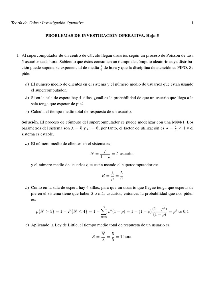 Hoja Ejercicios Colas 0910 Soluciones | PDF | Probabilidad | Variable aleatoria