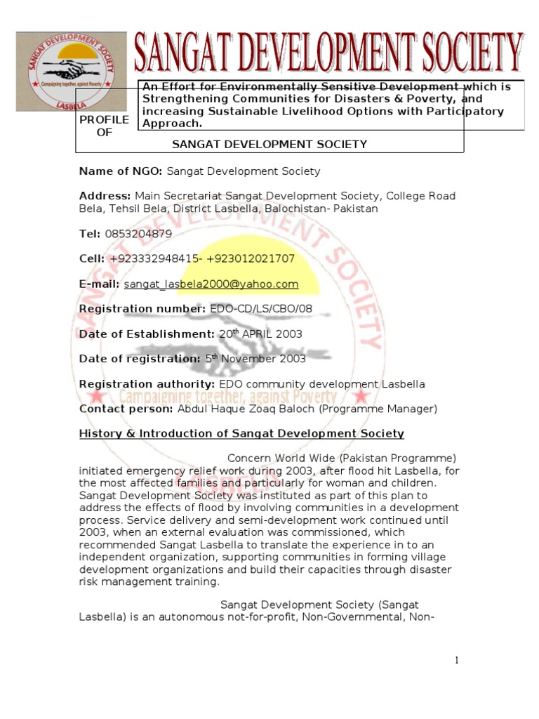 NGO Profile of Sangat Development Society | PDF | Emergency Management ...