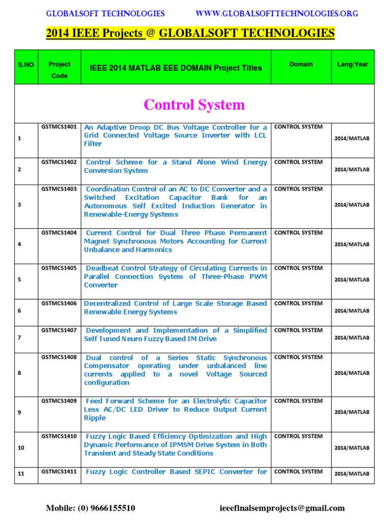 2014-2015 Ieee Matlab Control System Projects Titles List Globalsoft ...
