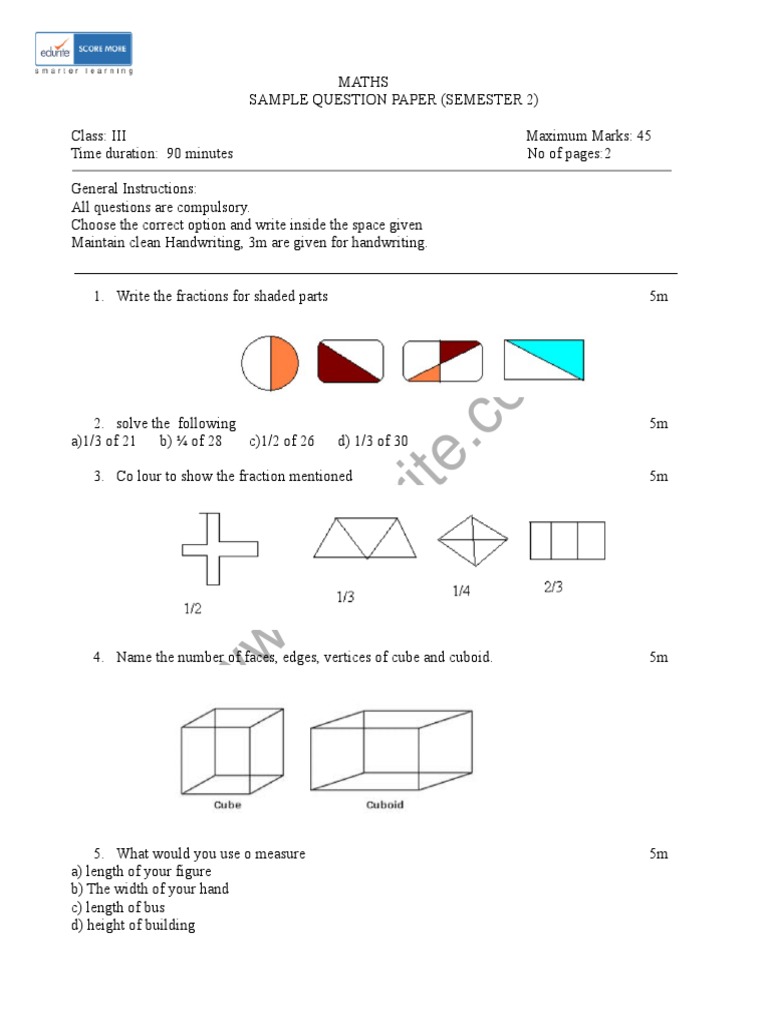 Class 3 ICSE Maths Sample Paper Term 2 Model 2 | PDF