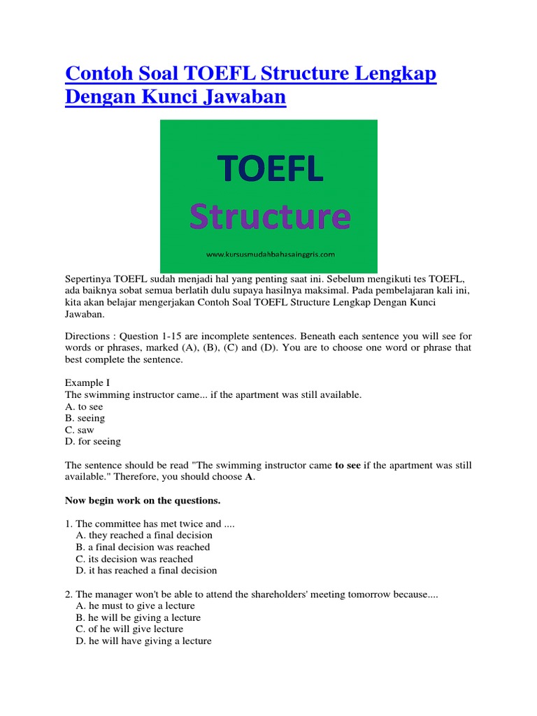 Contoh Soal TOEFL Structure Lengkap Dengan Kunci Jawaban | PDF | Verb ...
