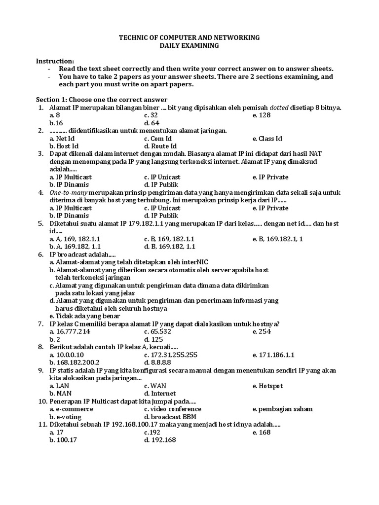 Soal Ujian IP Address dan Jaringan | PDF