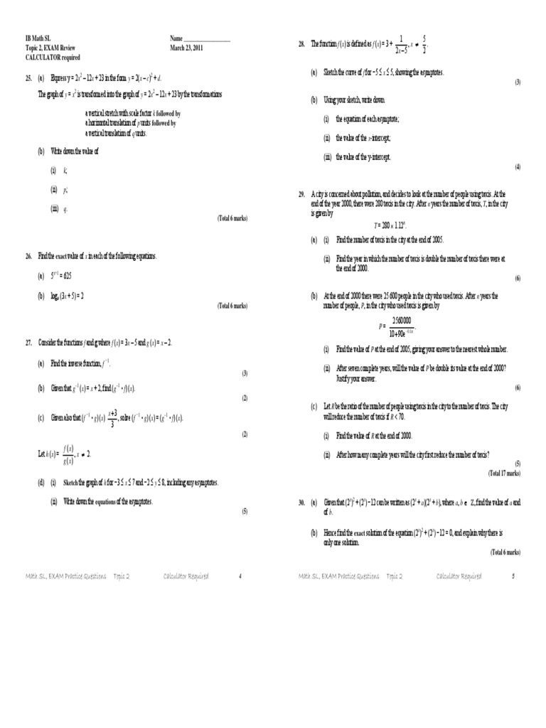 IB SL Maths Topic 2 Practice Questions CALCULATOR | PDF | Asymptote ...