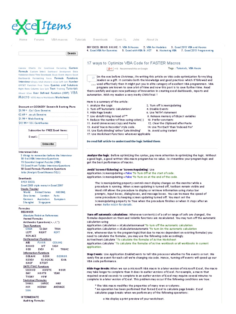 17 Ways To Optimize Vba Code For Faster Macros Pdf Pdf Visual Basic For Applications