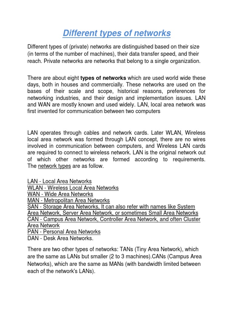 Different Types of Networks | PDF | Wide Area Network | Local Area Network