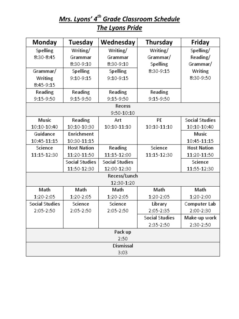 4th Grade Classroom Schedule Overview | PDF