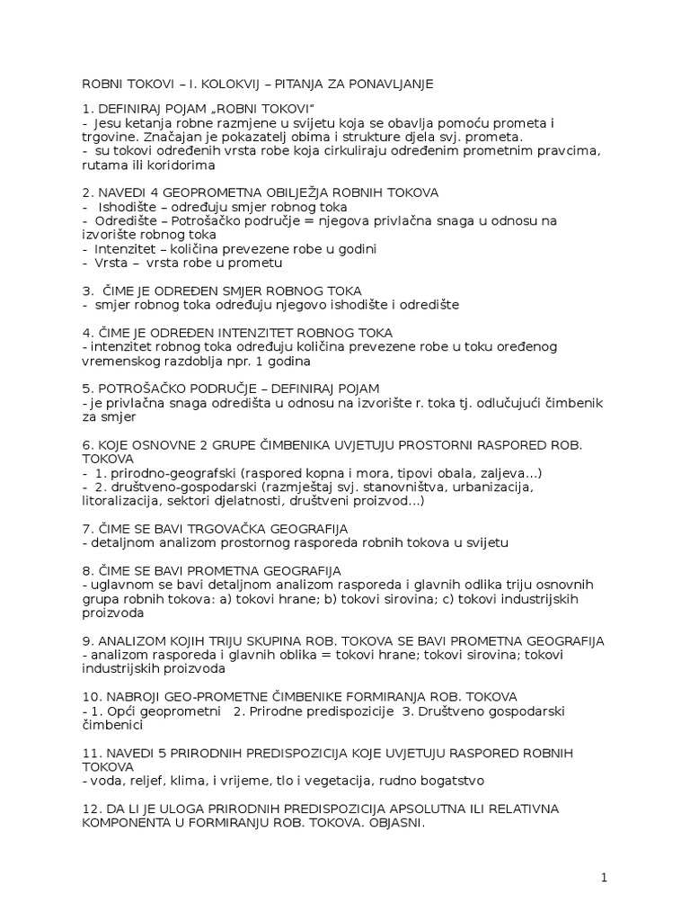 ROBNI TOKOVI - Pitanja Za Kolokvij | PDF