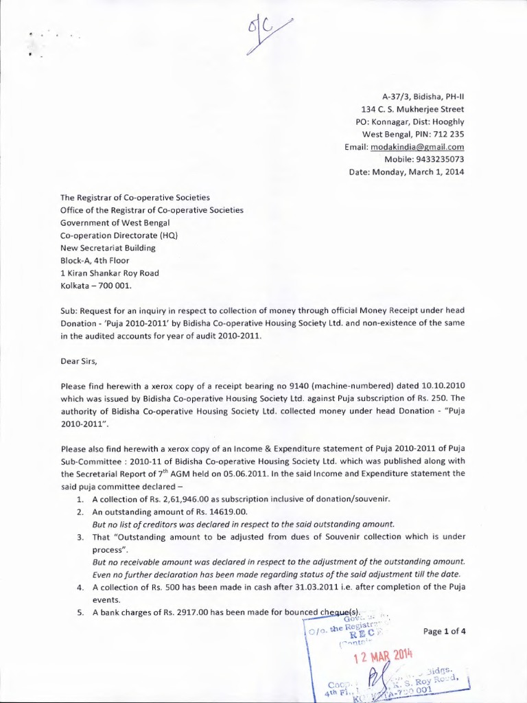 Complaint Letter submitted to the Registrar of Co-operative Societies ...