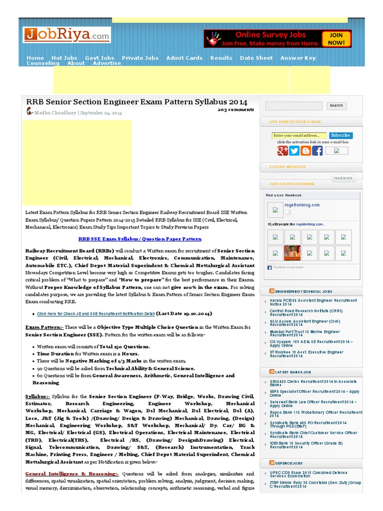 RRB Senior Section Engineer Exam Pattern Syllabus 2014 | PDF ...