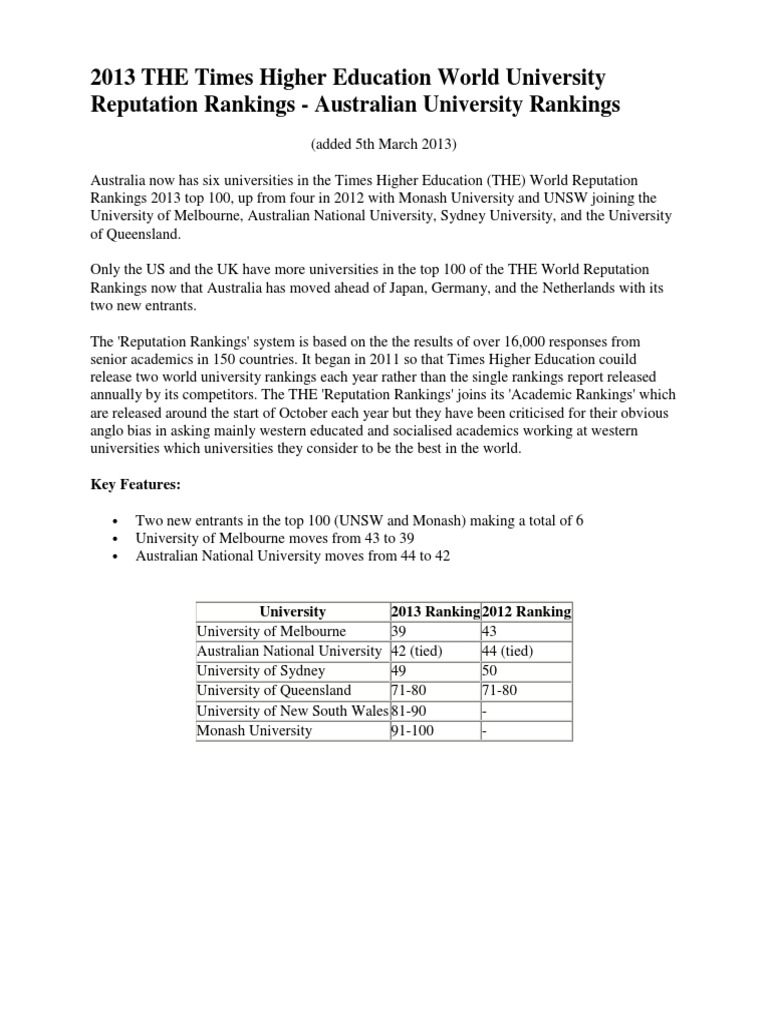 2013 The Times Higher Education World University Reputation Rankings ...