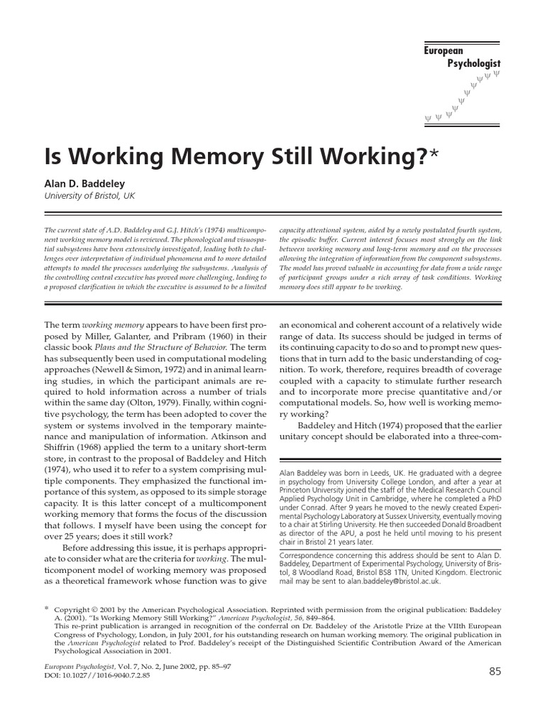 Baddeley2001Is Working Memory Still Working | PDF | Working Memory | Recall (Memory)