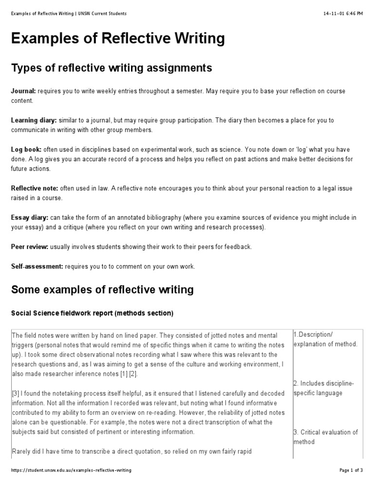 Examples of Reflective Writing UNSW Current Students | PDF | Cognition ...