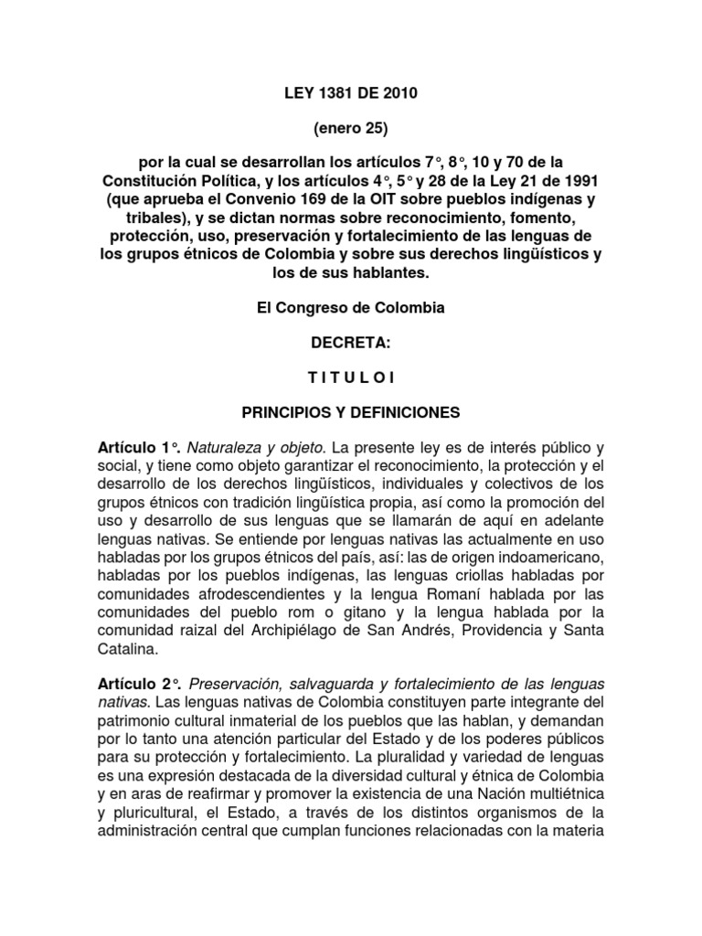 Ley 1381 de 2010 | PDF | Colombia | Lengua española