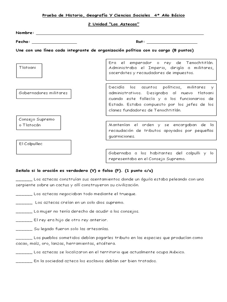 Prueba Los Aztecas | PDF | azteca | Cultura (general)