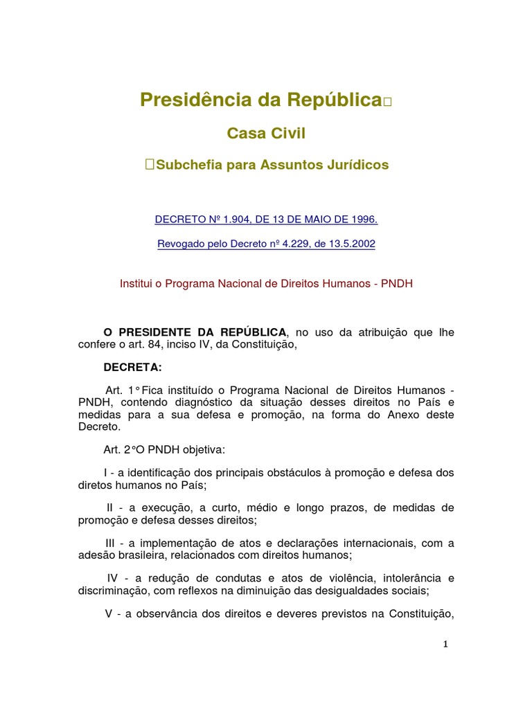 Programa Nacional de Direitos Humanos - PNDH 1 | PDF | Direitos Humanos | Brasil