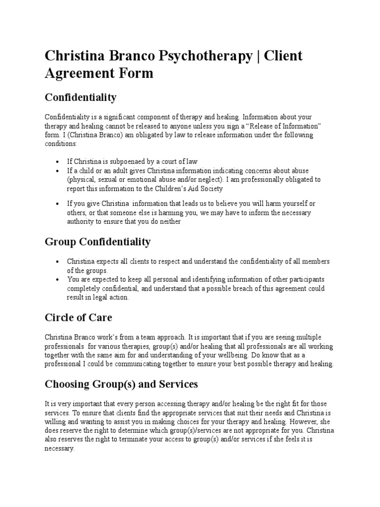 Client Agreement for Christina Branco Therapy | PDF | Confidentiality ...