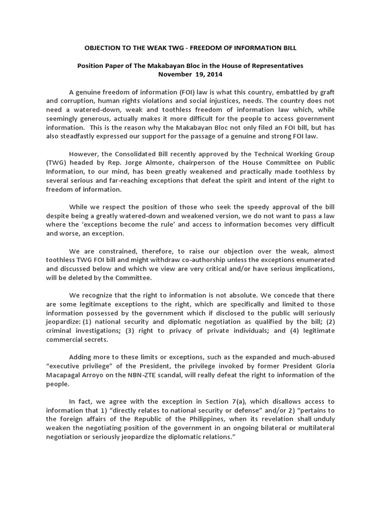 Makabayan FOI Position Paper | PDF | Freedom Of Information Laws By ...