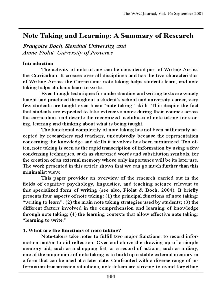 Note Taking and Learning: A Summary of Research | PDF | Metacognition ...
