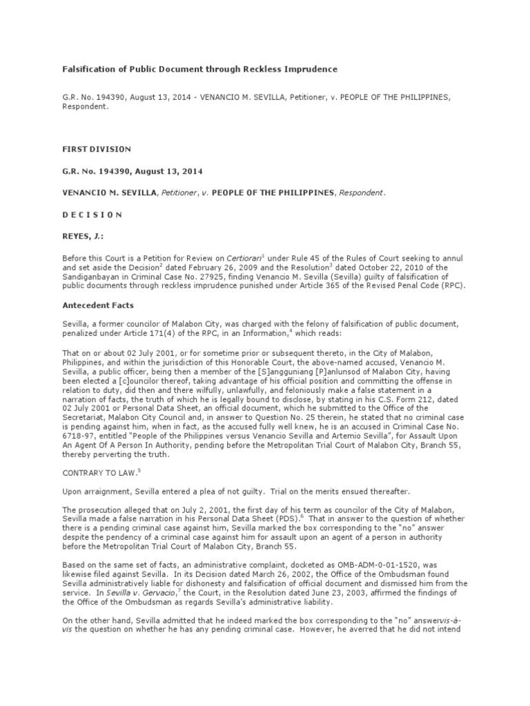 Falsification of Public Document Through Reckless Imprudence | PDF ...