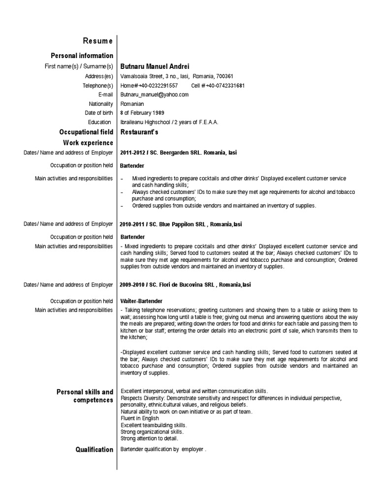 Resume Butnaru Manuel Andrei 1 | PDF | Bartender | Drink