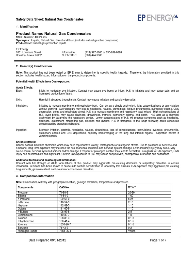 MSDS - Natural Gas Condensates | Dangerous Goods | Benzene