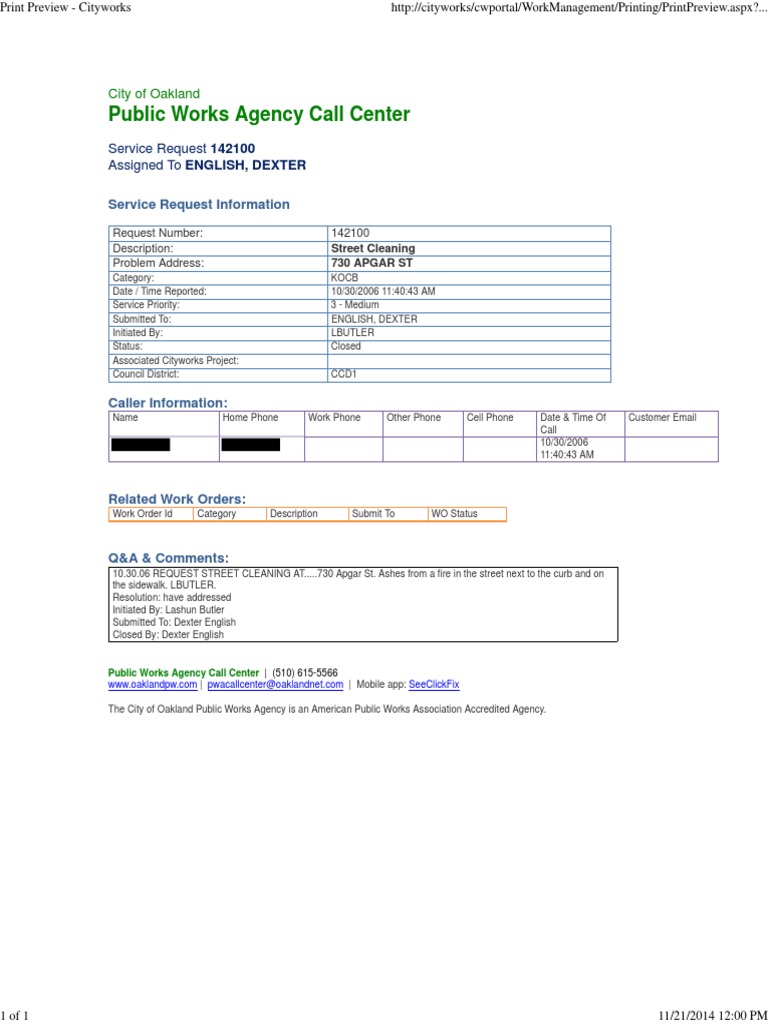Oakland Street Cleaning Request 142100 | PDF