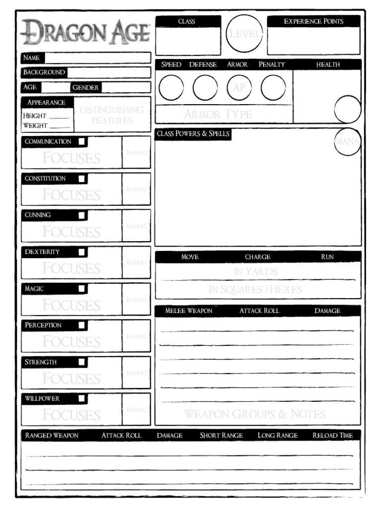 Dragon Age RPG Character Sheet | PDF