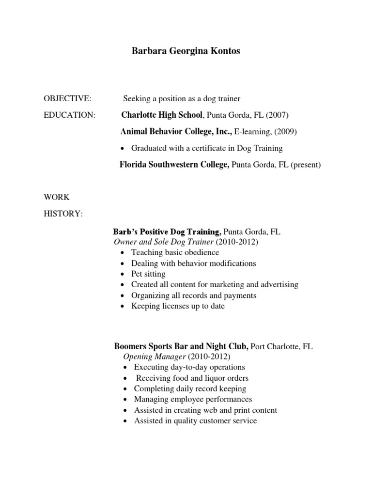 Dog Trainer Resume: Barbara Kontos | PDF | Career & Growth