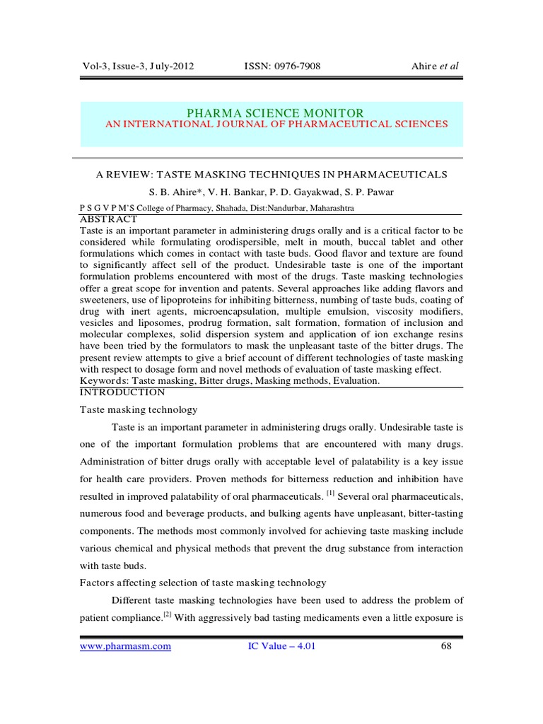 Taste Masking Techniques in Pharmaceuticals | PDF | Taste | Sugar ...