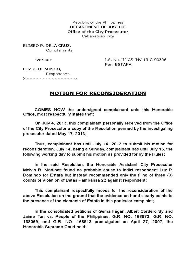 Motion for Reconsideration in Estafa Case | PDF | Fraud | Cheque