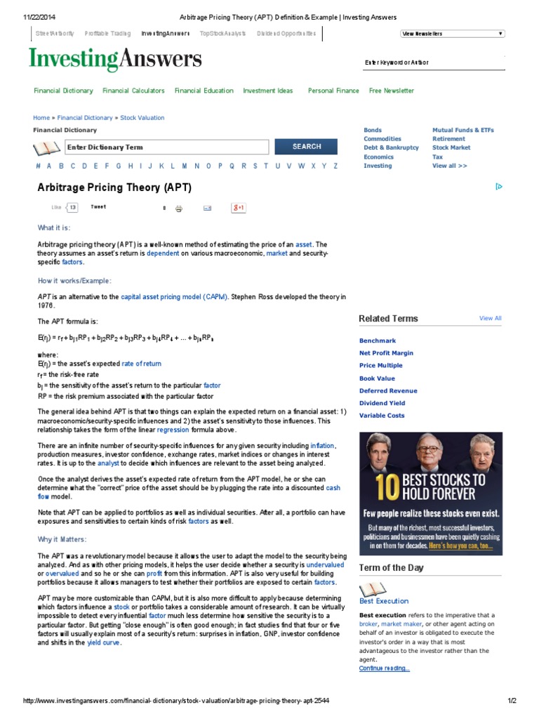 Arbitrage Pricing Theory Apt Definition Example Investing Answers