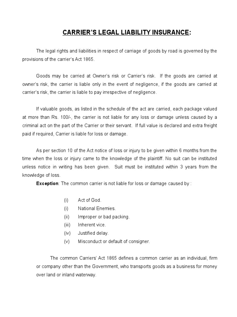 Carrier's Legal Liability Write Up | PDF | Liability Insurance | Common ...