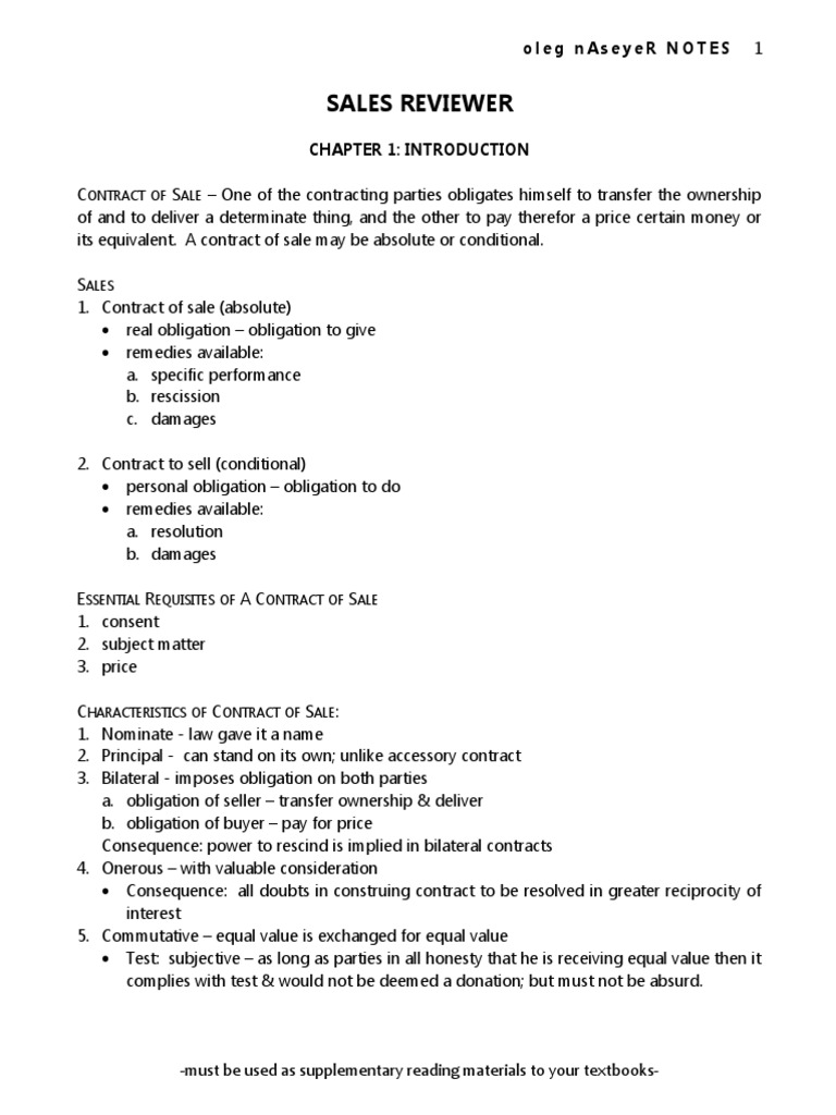 Sales Reviewer: Oleg Naseyer Notes | PDF | Offer And Acceptance | Law ...