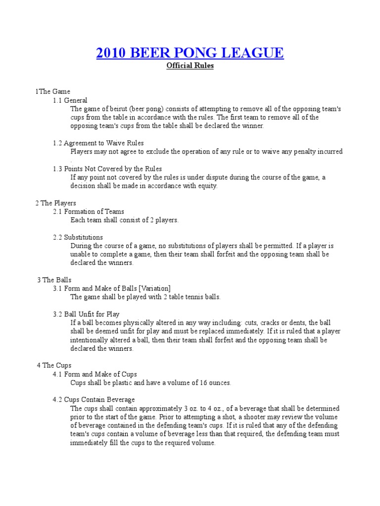 2010 Beer Pong League: Official Rules | PDF | Sports | Leisure