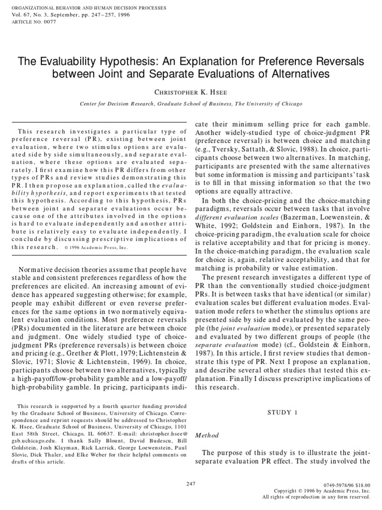 The Evaluability Hypothesis - An Explanation For Preference Reversals ...