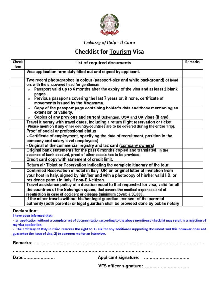 Tourist Visa Checklist | PDF