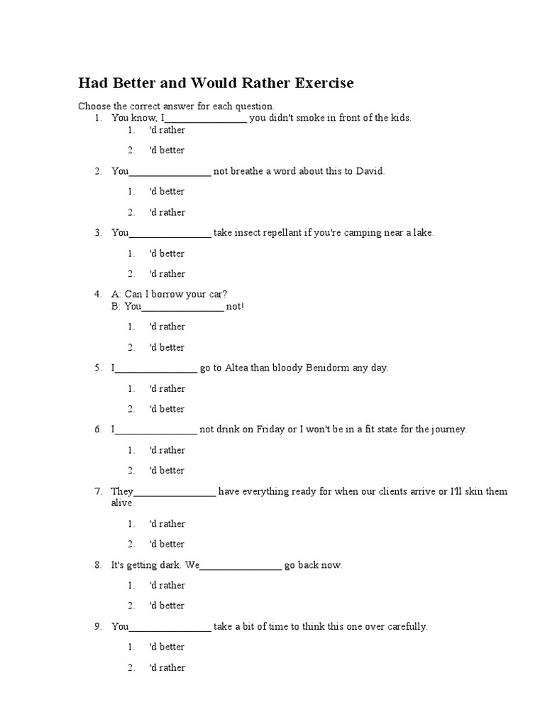 Had Better vs Would Rather Exercises | PDF | Language Arts & Discipline ...